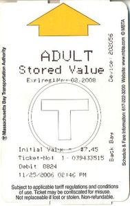 Transport Ticket: Adult Stored Value (MBTA - Massachusetts Bay ...