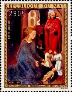 Stamp: Nativity (Triptych of Jan Floreins, 1479) by Hans Memling (Mali(Christmas 1974) Mi:ML 464 ...