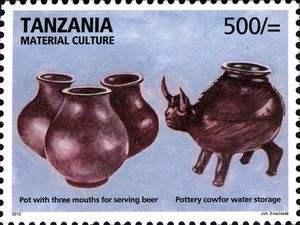 Stamp: Pot for serving beer & Pottery cow (Tanzania) (Tanzania Material ...