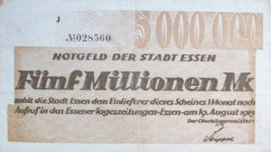 Banknote: 5 Millionen Mark (Rheinland) (Essen) Kel:1415e.9