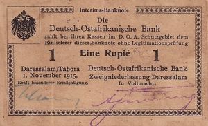 Banknote: 1 Rupie (German East Africa(1915-1917 Emergency Issue) Wor:P ...