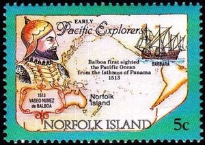Timbre: Vasco Nunez de Balboa, Map and "Barbara" (Ile Norfolk(Early ...