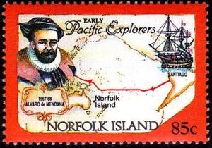 Stamp: Alvaro de Mendana, Map and "Santiago" (Norfolk Island(Early ...