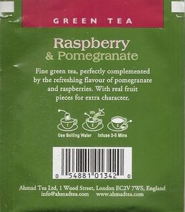 Tea Bag: Raspberry & Pomegranate, fs ®, bs barcode in the middle (Ahmad ...