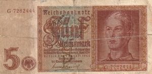 Banknote: 5 Reichsmark (Germany(1942 Issue - Reichsbanknote) Wor:P-186b ...