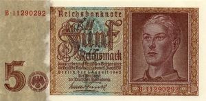 Banknote: 5 Reichsmark (Germany(1942 Issue - Reichsbanknote) Wor:P-186b ...