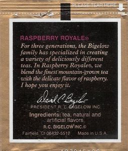 Tea Bag: Raspberry Royale, thin arrow, bs white number (Bigelow, United ...