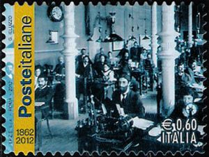 Stamp: 150th Anniversary Italian Postal Service - Early Office (Italy ...