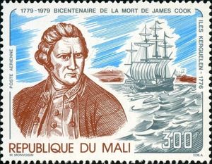 Stamp: Captain James Cook (1728-1779) on Kerguelen Islands, 1776 (Mali ...