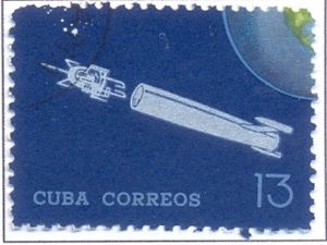Stamp: Earth, rockets and satellites (Cuba(First post rocket experiment ...