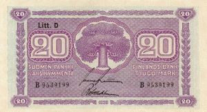 Cédulas: 20 Markkaa (Finlândia(1939 & 1941 Dated Issue) Wor:P-71a.19