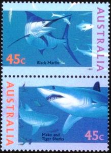 Stamp: Black Marlin & Shortfin Mako, Tiger Shark (Australia(Marine Life ...