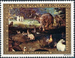 Stamp: Elephant, Horse, Chicken, Rooster, Rabbit, Sheep, Swan (Congo ...