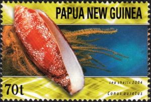 Postimerkki: Princely Cone (Conus auratus) (Papua-Uusi-Guinea(Sea ...