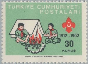 Stamp: Scouts with Flag (Türkiye (Turkey)(Turkish Boy Scouts, 50th ...