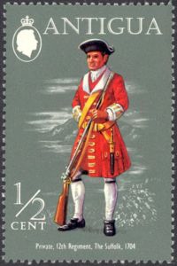 Stamp: Private, 12th Regiment, The Suffolk, 1704 (Antigua and Barbuda ...