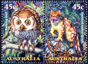 Stamp: Barking Owl and Spotted-tailed Quoll (Australia(Nocturnal ...