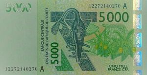 Banknote: 5,000 Francs CFA (West African States(A for Cote D'Ivoire ...