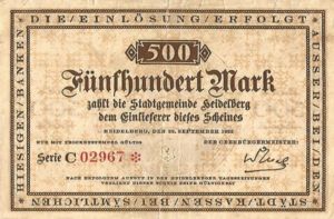 Banknote: 500 Mark (German Notgeld(Heidelberg) Mül:4-2070.7a