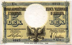 Cédulas: 5 Lek (Albânia) (1940-1942 ND "Lek" Issue) Wor:P-10