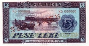 Banknote: 5 Leke (Albania(1976 Issue) Wor:P-42s.1 💴