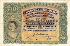 Banknote: 50 Franken/Francs/Franchi (Schweiz(1921-1955 Issue National ...