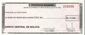 Banknote: 10,000 Pesos Bolivianos (Bolivia(Cheque de Gerencia Issue ...