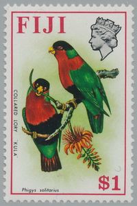Stamp: Collared Lory (Phigys solitarius) (Fiji(Birds and Flowers ...