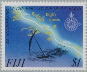 Stamp: Map, Launch, Compass (Fiji(Bicentenary of Captain Bligh's Boat ...
