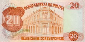 Billete de Banco: 20 Bolivianos (Bolivia(1993 ND Issue; Ley 901 de 28.11.1986 Serie C) Wor:P-211