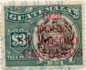 Stamp: National Emblem - 12 1/2c on 3p (Guatemala(Overprints (1922)) Mi ...