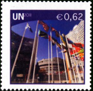 Stamp: Flags in front of UN building (UNO Vienna) (Greetings from the ...