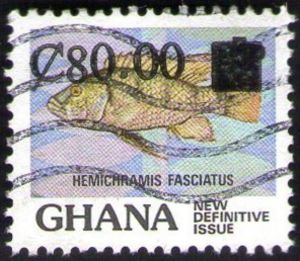 Stamp: Banded Jewelfish (Hemichromis fasciatus) - surcharged (Ghana(Surcharges (1988-1990)) Mi ...