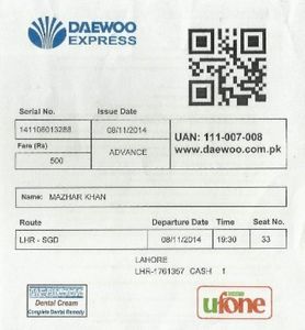 Transport Ticket: Daewoo Express (Daewoo, Pakistan(Express Bus) Col:PK ...