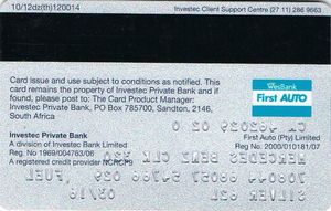 Bank Card: Investec (Investec Private Bank, South Africa) Col:ZA-GM-0016.01