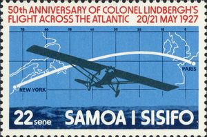 Stamp: Map of transatlantic route and plane (Samoa(Charles A. Lindbergh ...