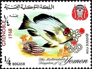 Stamp: Rudder Fish (Kyphosus sp.) (Yemen, Kingdom(Winter Olympics in ...