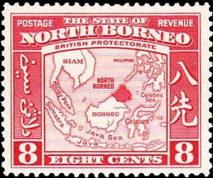 Stamp: Map of North Borneo in Southeast Asia (North Borneo(Pictorial Definitives 1939) Mi:NB 229 ...