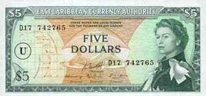 Banknote: 5 Dollars (East Caribbean States(Anguilla - "U" in circle ...