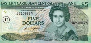 Banknote: 5 Dollars (East Caribbean States(Anguilla - "U" in circle ...