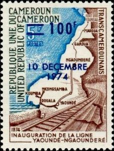 Stamp: Map of Railway Line and Inauguration Date; surcharged (Cameroon ...