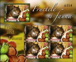 Stamp: Eurasian Red Squirrel (Sciurus vulgaris), Hazelnuts (Romania ...