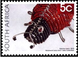 Stamp: Beadwork lady bird (South Africa(Beaded artwork) Mi:ZA 1989,Sn ...