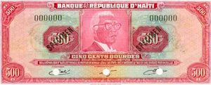 Banknote: 500 Gourdes (Haiti(Loi du 17 Aut 1979 (1980-1982)) Wor:P-238s