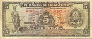 Banknote: 5 Lempiras (Honduras) (1932 Issue) Wor:P-36