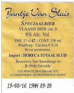 Drink Label: Jantje Van Sluis (Brouwerij Van Steenberge, BelgiumCol:BE ...