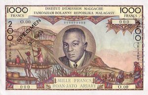 Banknote: 1,000 Francs (Madagascar(1963 ND Regular Issue) Wor:P-56s