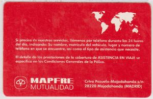 Tarjeta Funcional: Mapfre - Asistencia en Viaje (Insurance, España(Mapfre) Col:ES-MAPF-002