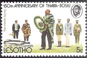 Stamp: King Moshoeshoe II laying wreath at grave of Moshoeshoe I ...