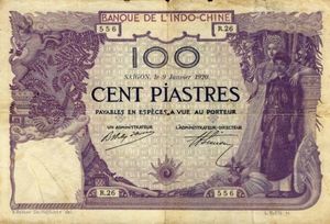 Banknote: 100 Piastres (French Indochina) (1920 Issue Saigon) Wor:P-42a.1